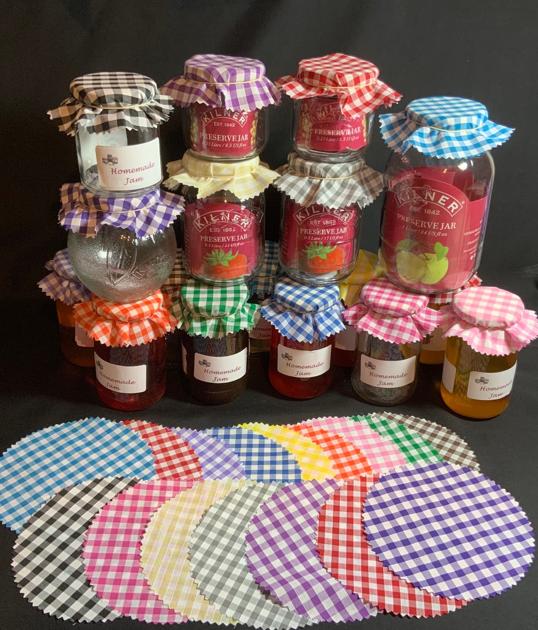 JAM Jar Tops Cloth X 36 GINGHAM Includes Bands. Choose From 11 Colours ...