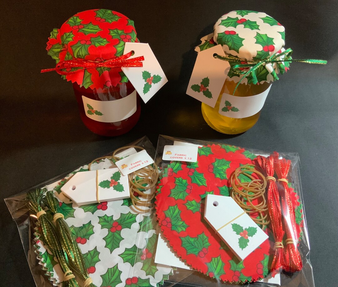 Jam Covers Xmas Fabric Lid Top Covers X 12 Includes Bands/labels/satin ...