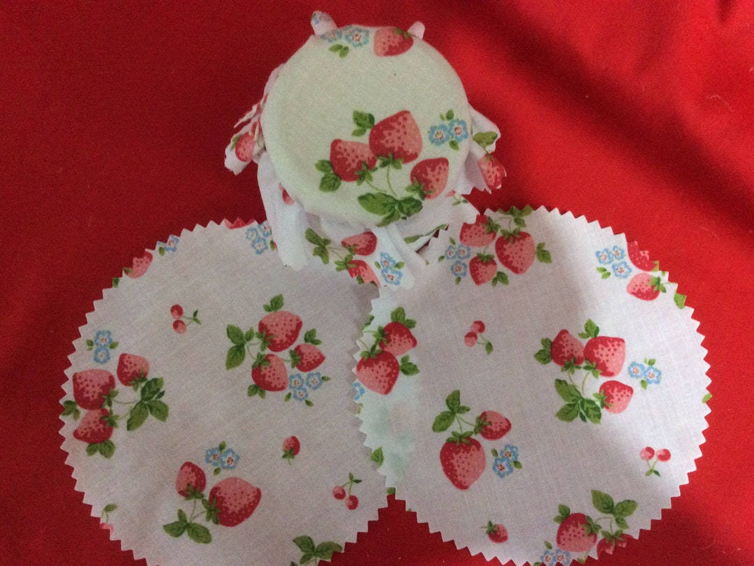 Jam Covers X 12 STRAWBERRY Fabric Lid Tops Includes Bands/labels/tags ...