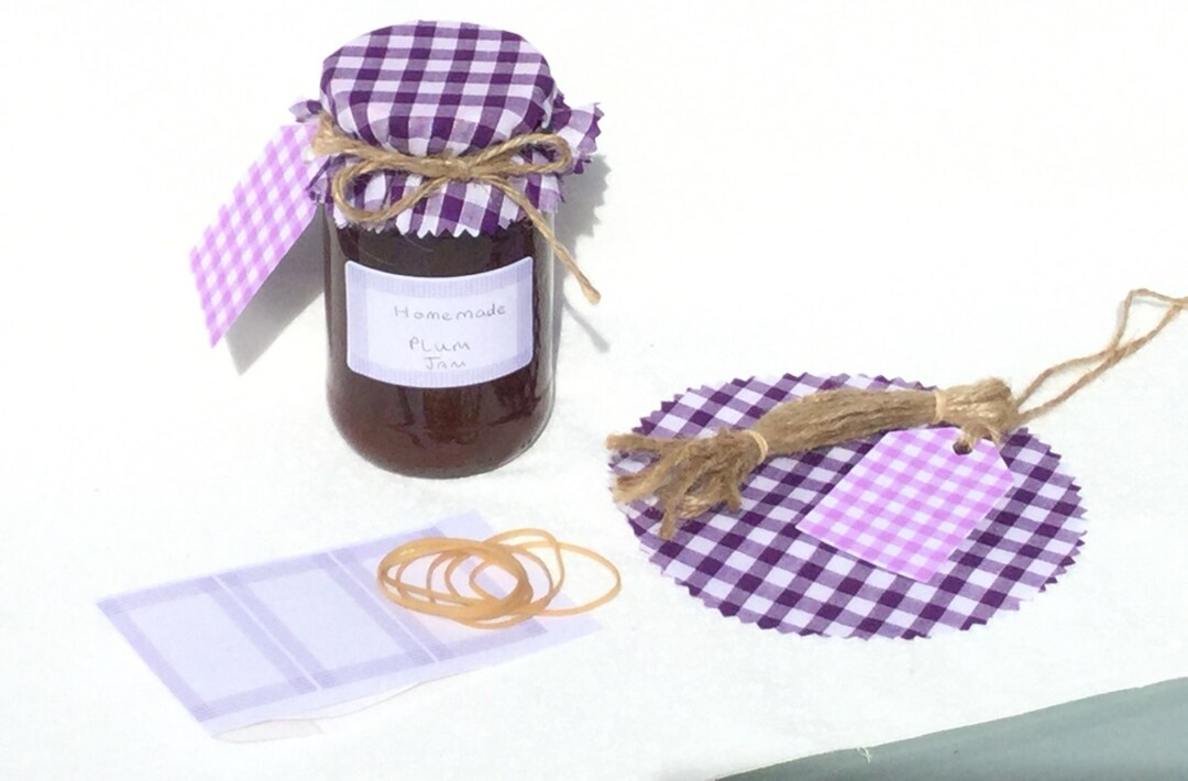 Jam Covers X 12 Fabric Lid Tops PURPLE Gingham Includes Bands/labels ...