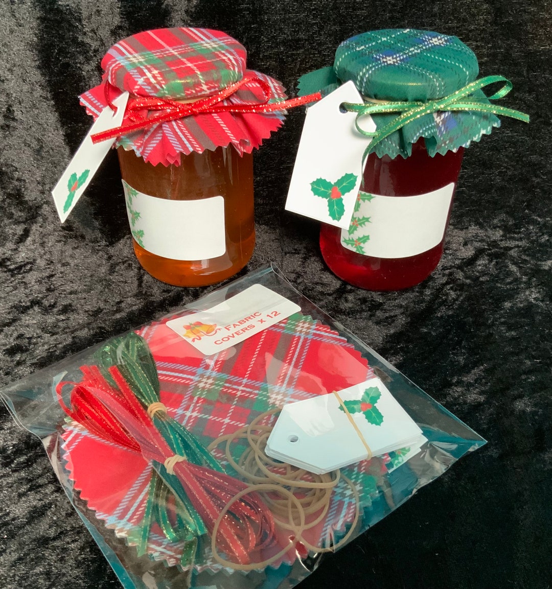 12 X Fabric Jam Jar Tops CHRISTMAS TARTAN 6 of Each Colour Fabric Lid ...