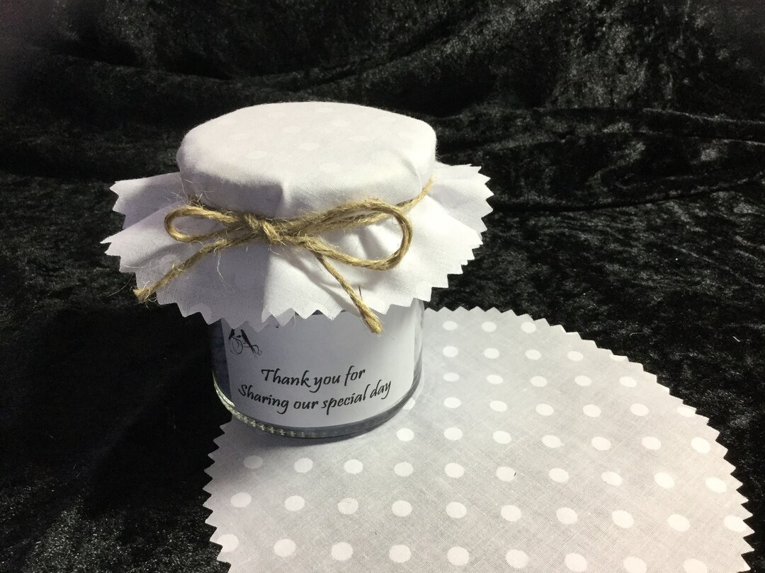DIY Wedding Jam Covers WHITE Dots 3 Sizes Available X 50 Twine/bands ...