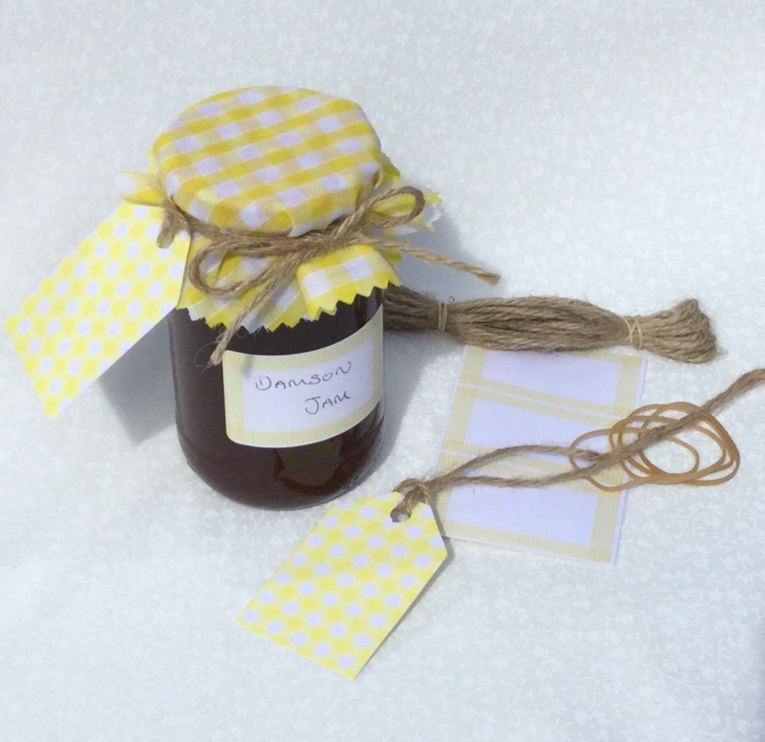 Jam Covers X 12 Fabric Lid Tops YELLOW Gingham Includes Bands/labels ...
