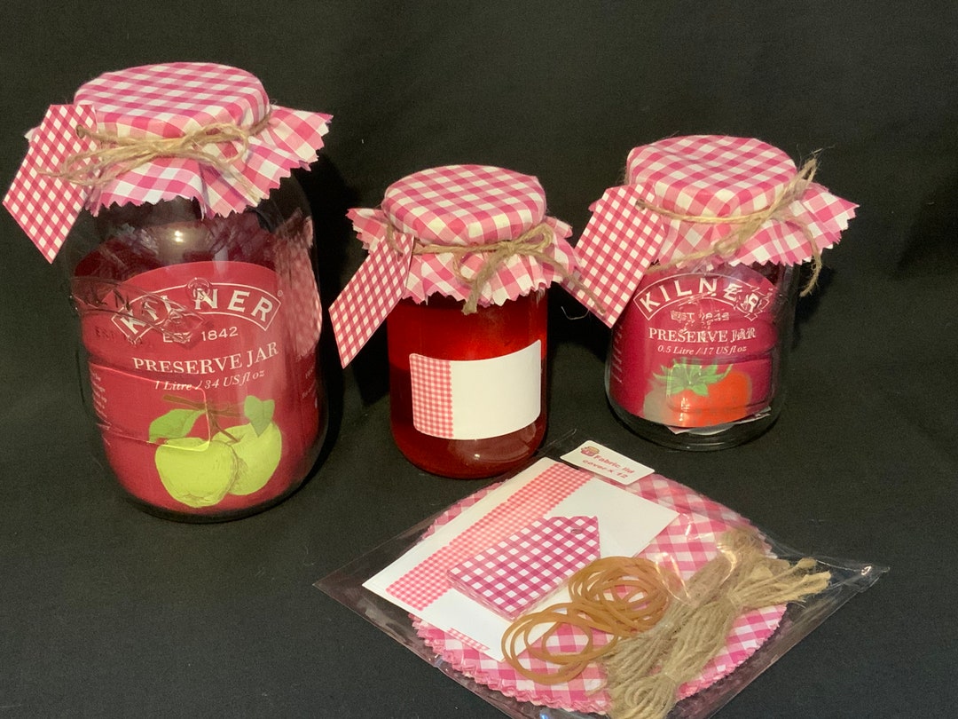 JAM Covers X 12 Cerise Pink GINGHAM Fabric Lid Tops Includes Bands ...