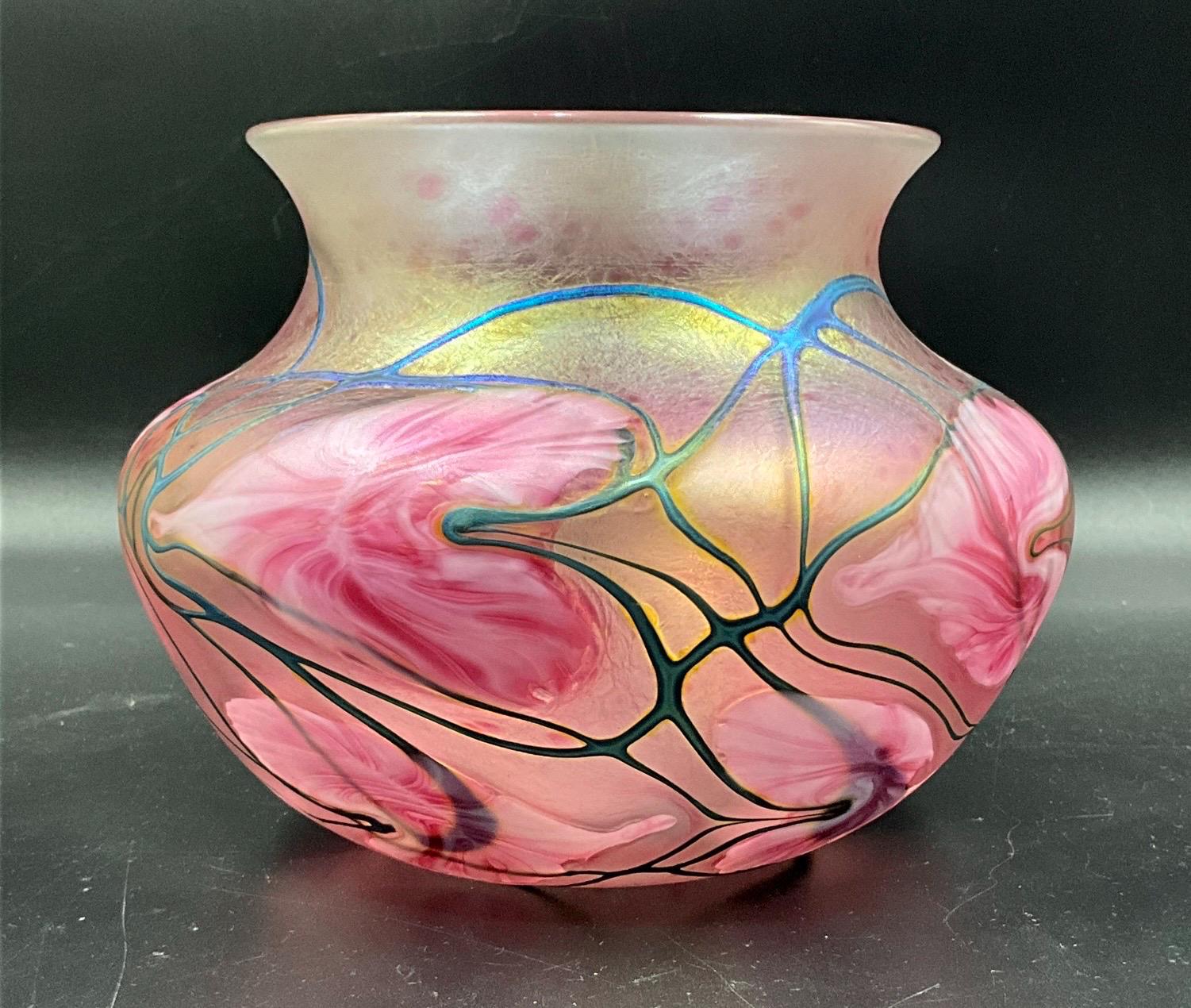 Vintage John Lotton Art Glass Vase, Iridescent Floral Design, Signed ...