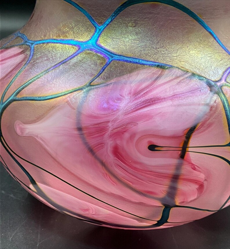 Vintage John Lotton Art Glass Vase, Iridescent Floral Design, Signed ...