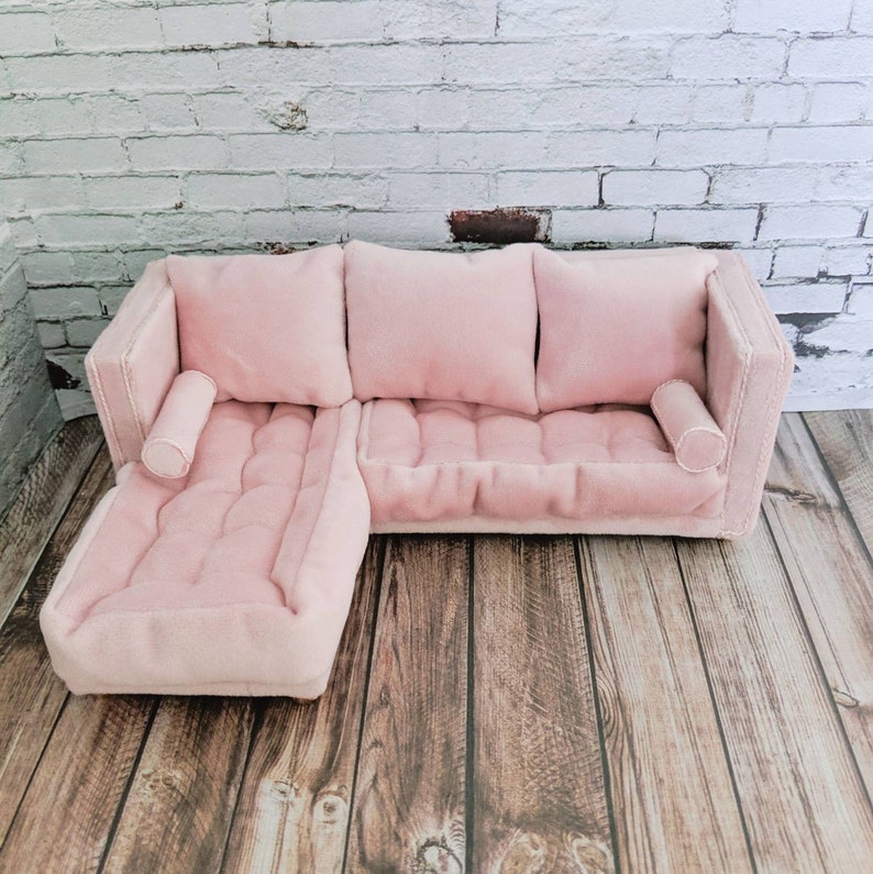 Miniature L-shaped sofa Pink Velvet modern miniature couch | Etsy