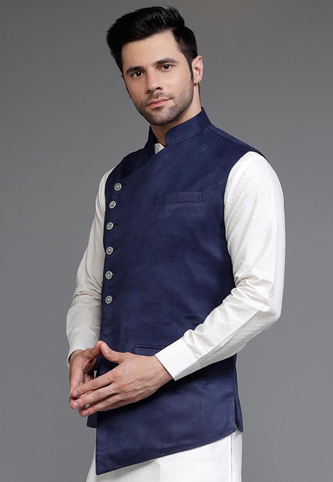 Solid Color Suede Asymmetric Nehru Jacket in Navy Blue - Etsy