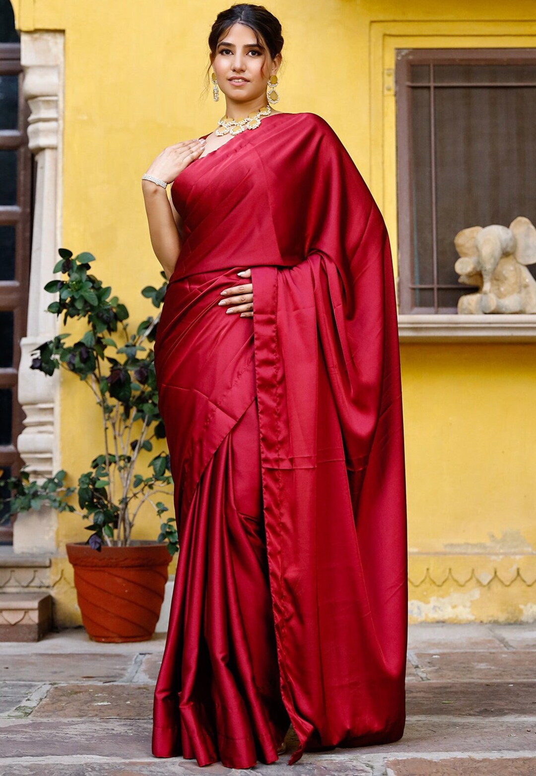 Solid Color Satin Silk Saree in Red - Etsy