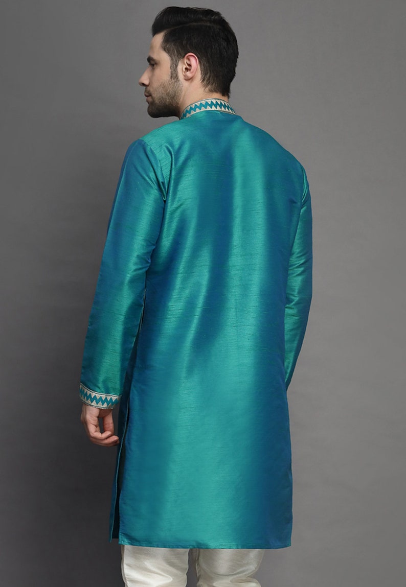 Contrast Trim Art Silk Kurta in Teal Blue - Etsy