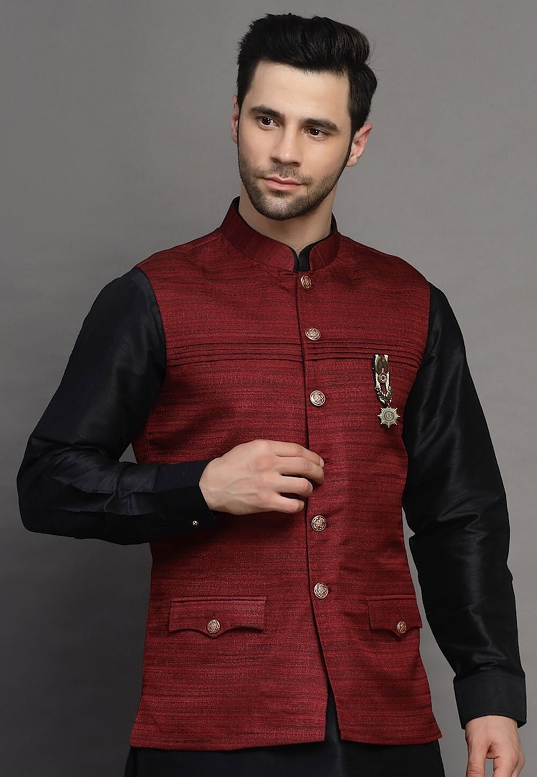 Solid Color Matka Silk Nehru Jacket in Maroon - Etsy