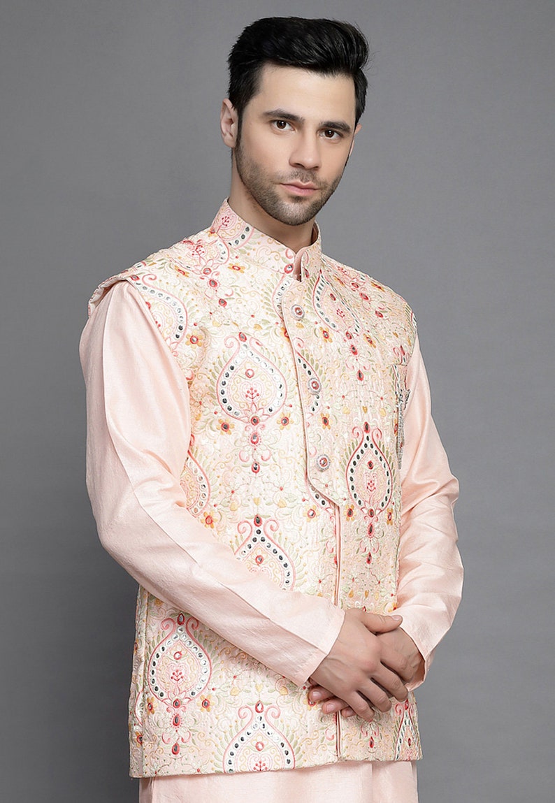 Embroidered Art Silk Kurta Jacket Set in Peach - Etsy