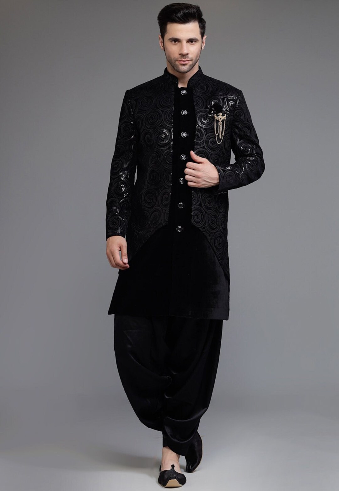 Curved Embroidered Cut Velvet Sherwani With Satin Dhoti Pant in Black ...