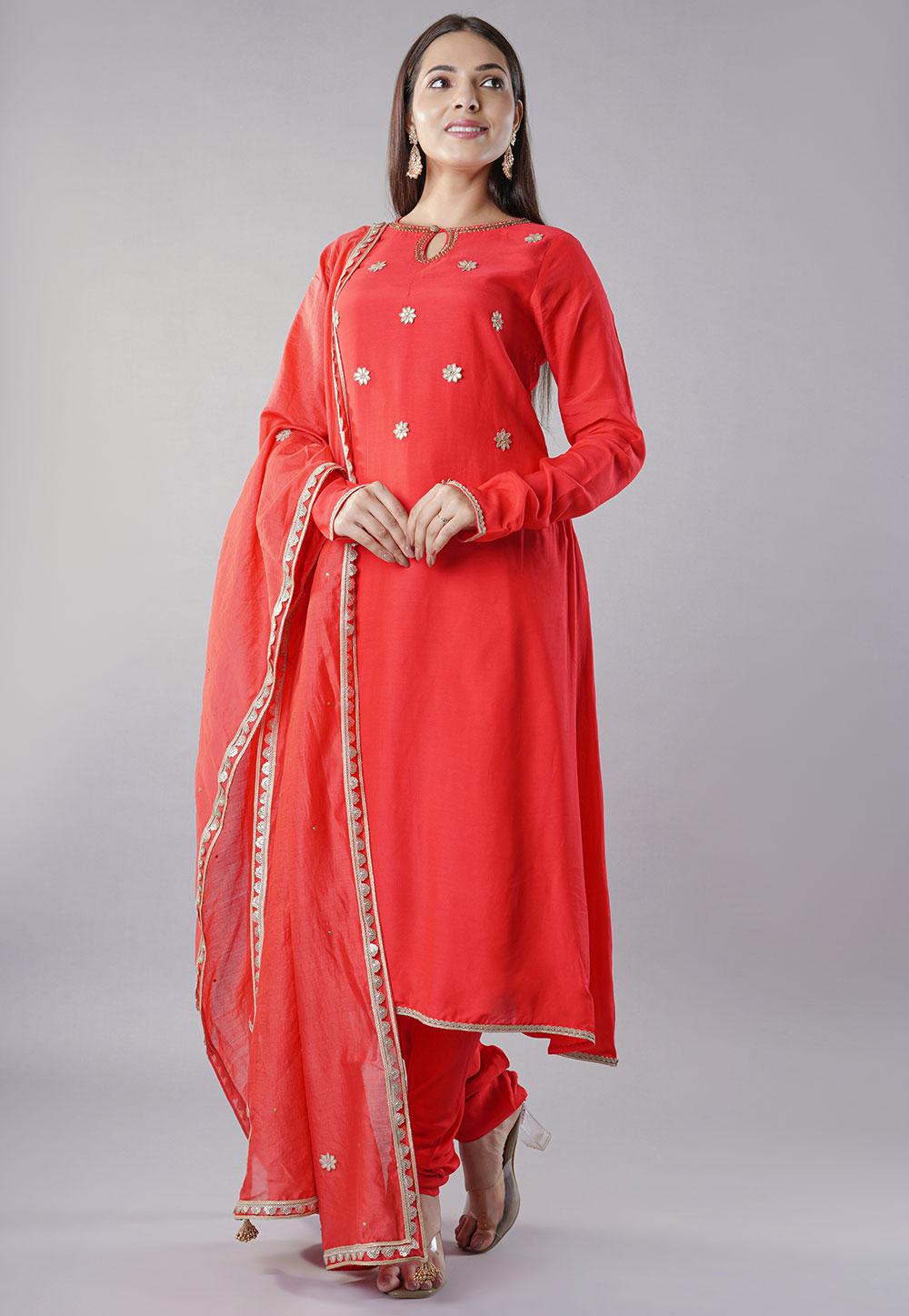 Embroidered Muslin Silk Aline Suit in Red - Etsy