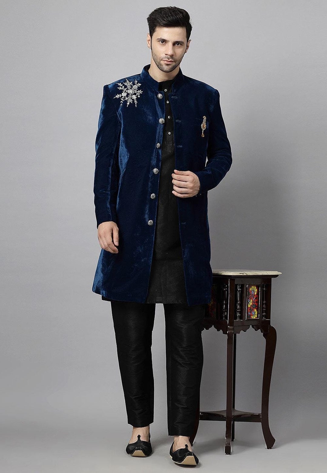 Embroidered Velvet Sherwani Set in Teal Blue and Black - Etsy