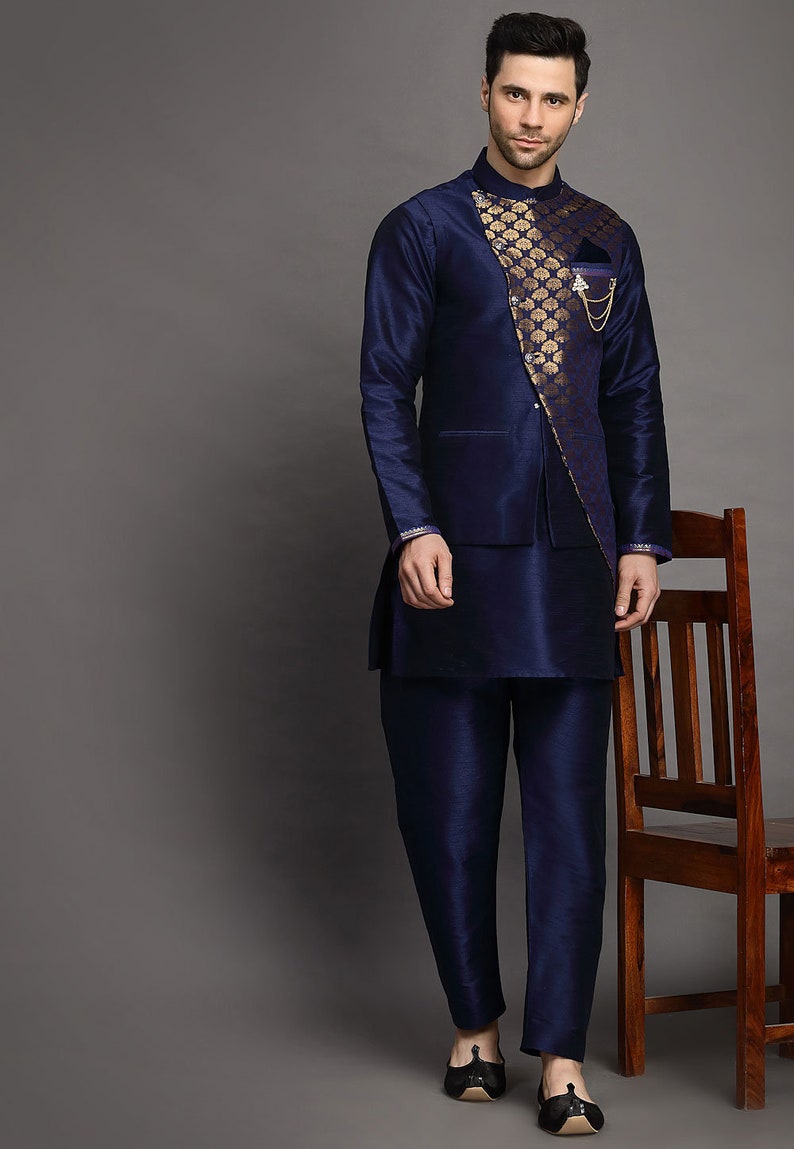 Brocade Art Silk Kurta Jacket Set in Navy Blue - Etsy