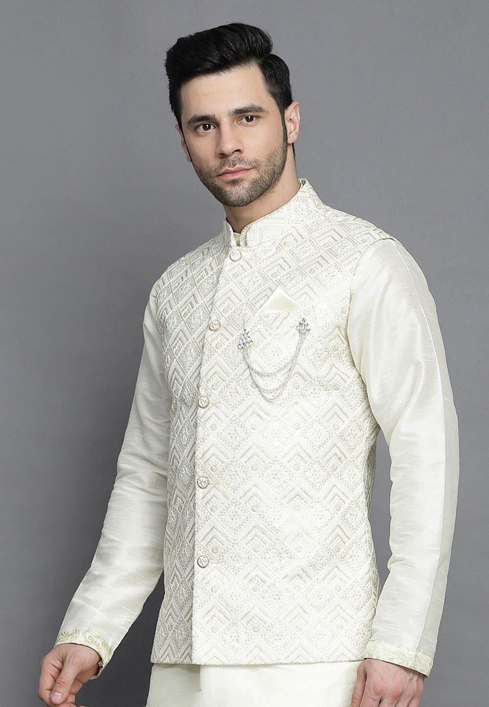Embroidered Art Silk Nehru Jacket in off White - Etsy