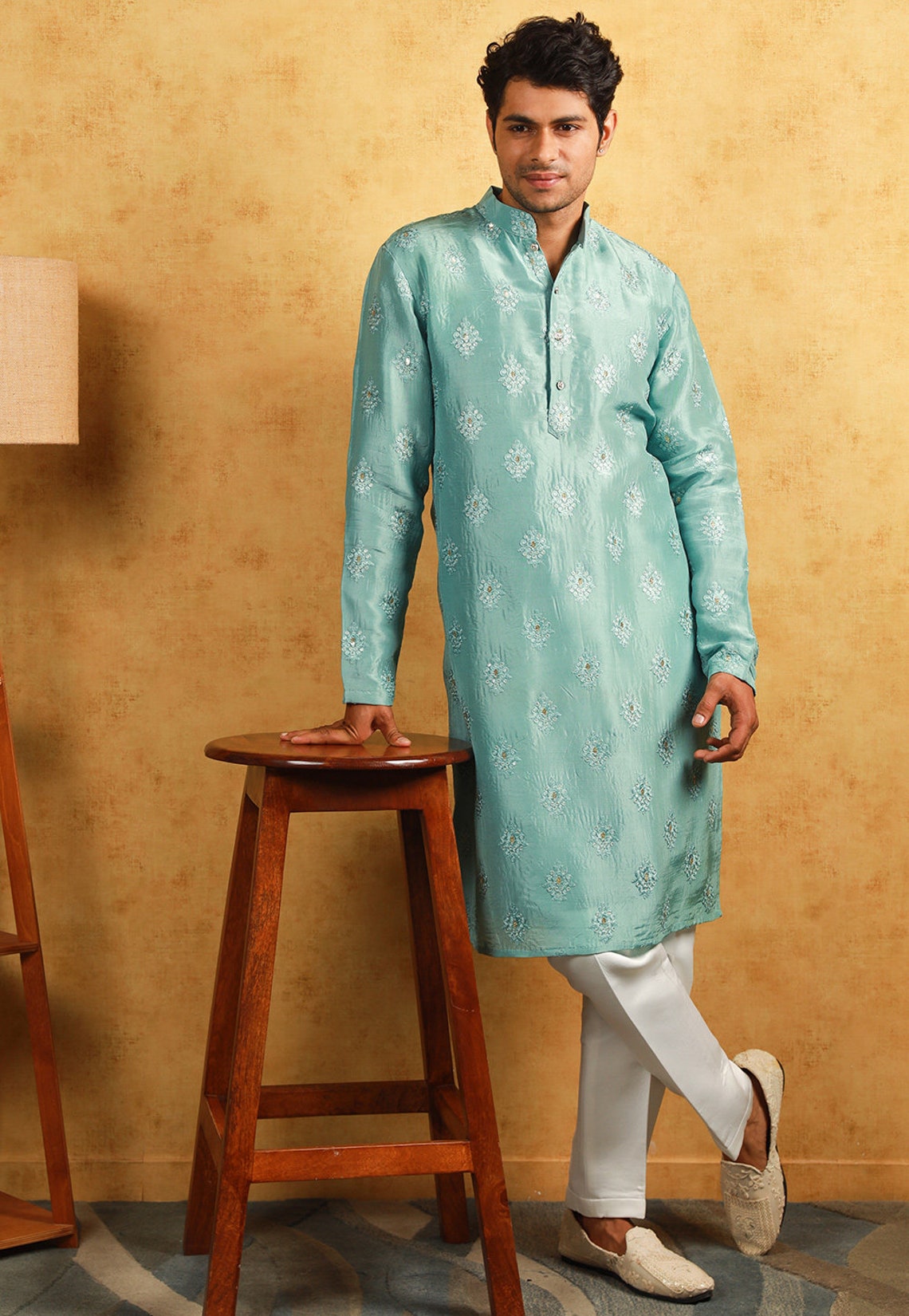 Embroidered Upadda Silk Kurta Set in Sea Green - Etsy