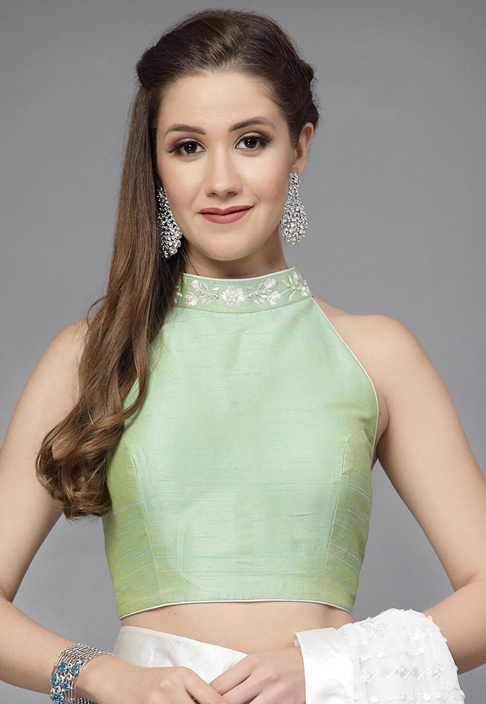 Embroidered Matka Silk Back Cut Out Blouse in Sea Green - Etsy