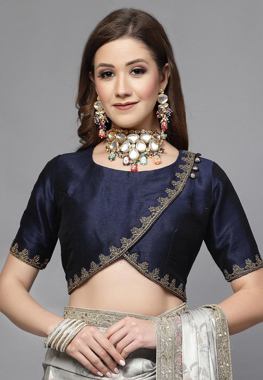Embroidered Neck Art Silk Angrakha Style Blouse in Dark Blue - Etsy