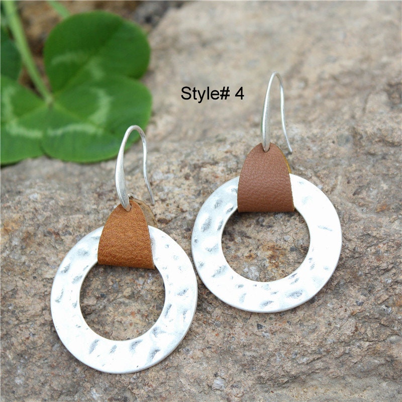 Leather Accent Drop Earrings Antique Silver Statement - Etsy