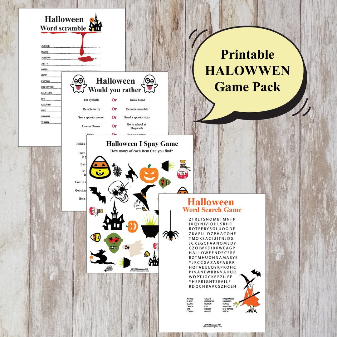 Printable Halloween Game Pack, 4 Games, Word Scramble,would You Rather ...