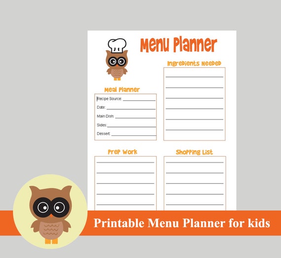 Menu Planner for Kids Printable Recipe Book Instant - Etsy