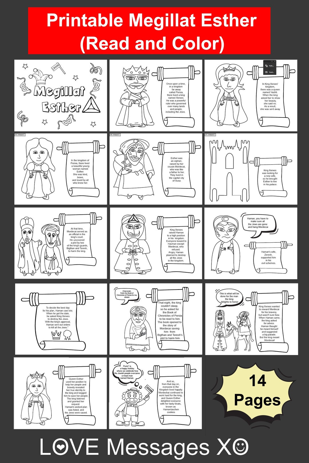 Printable Purim Megillat Esther, Coloring Book Book of Esther for Kids ...