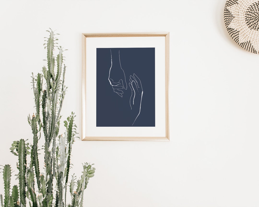Fine Line Hands Print, Navy Wall Print, One Line Drawing, Boho Prints ...
