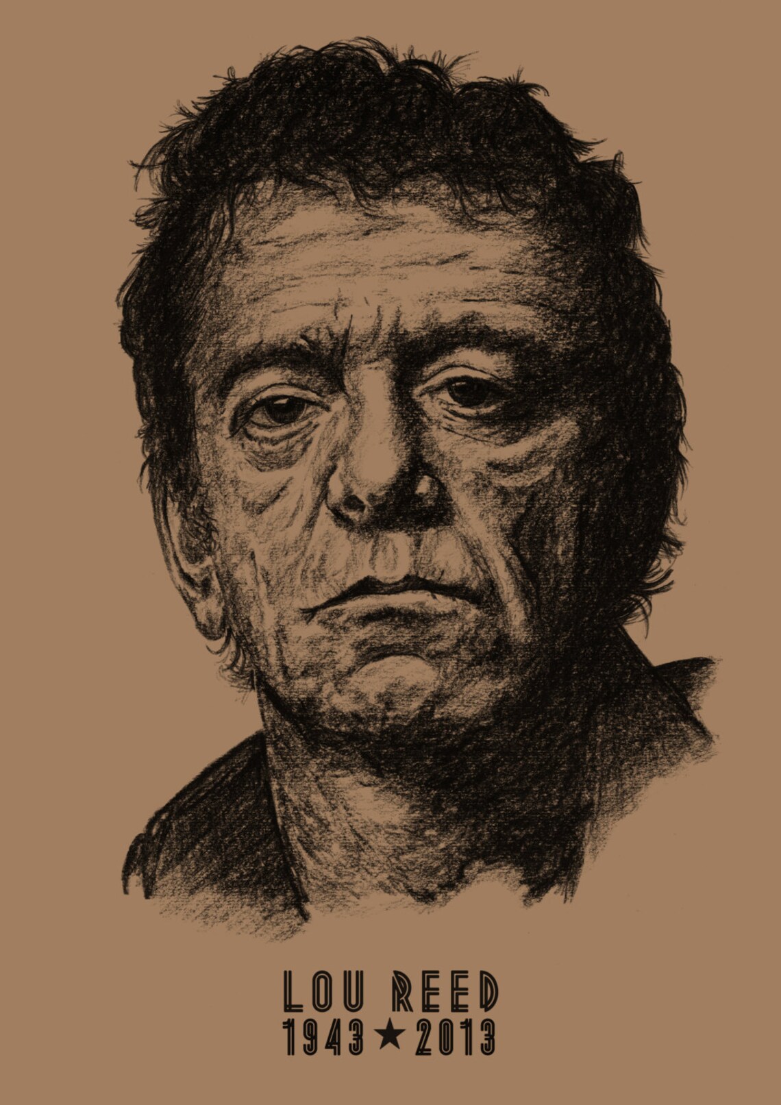 Lou Reed: A3 print Hand Drawn Portrait Signed by Artist black on Sepia ...