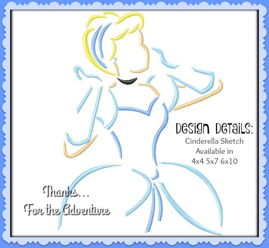 Princess Cinderella Sketch Digital Embroidery Machine Design File 4x4 ...
