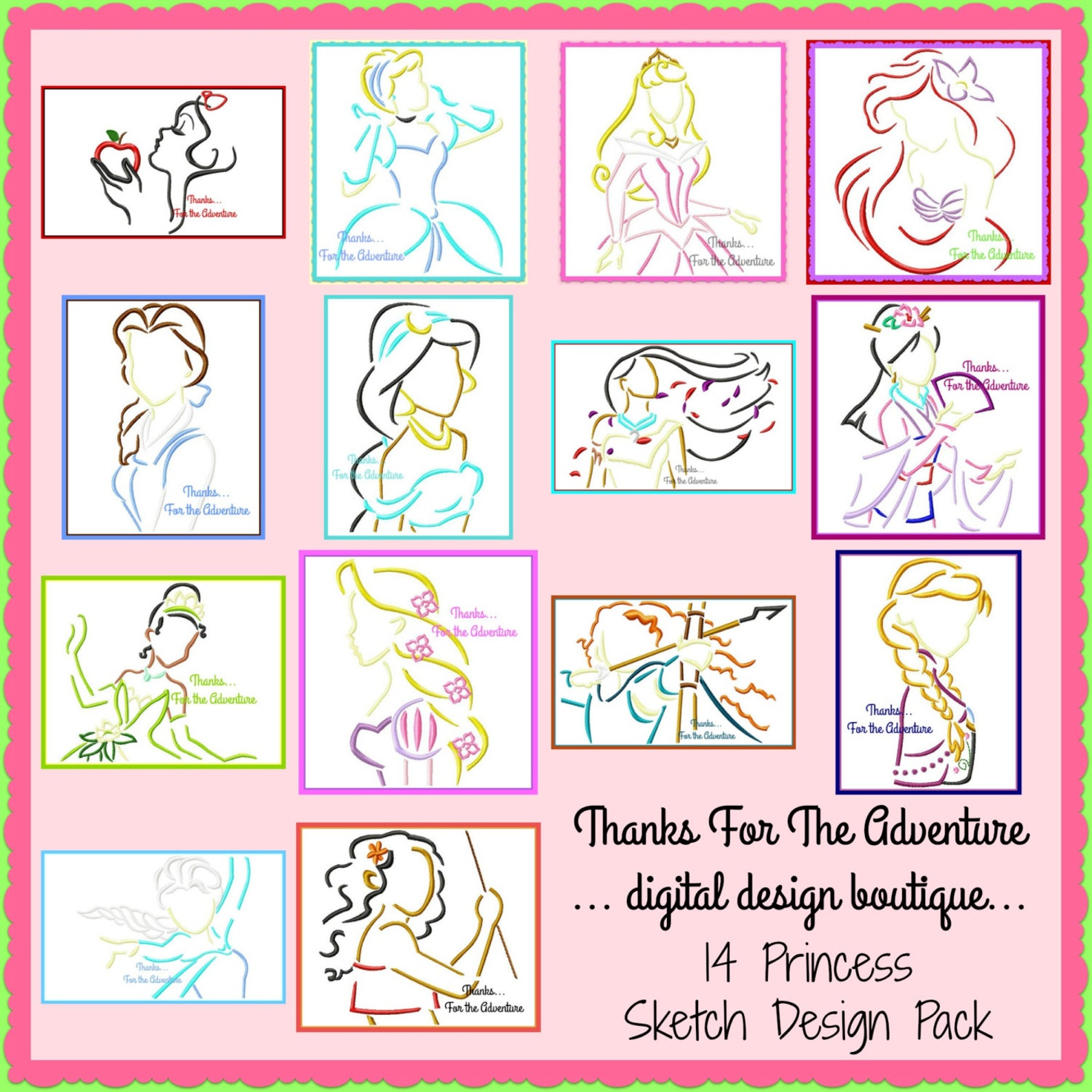 Princess Sketch 14 Design Pack Digital Embroidery Machine Applique ...