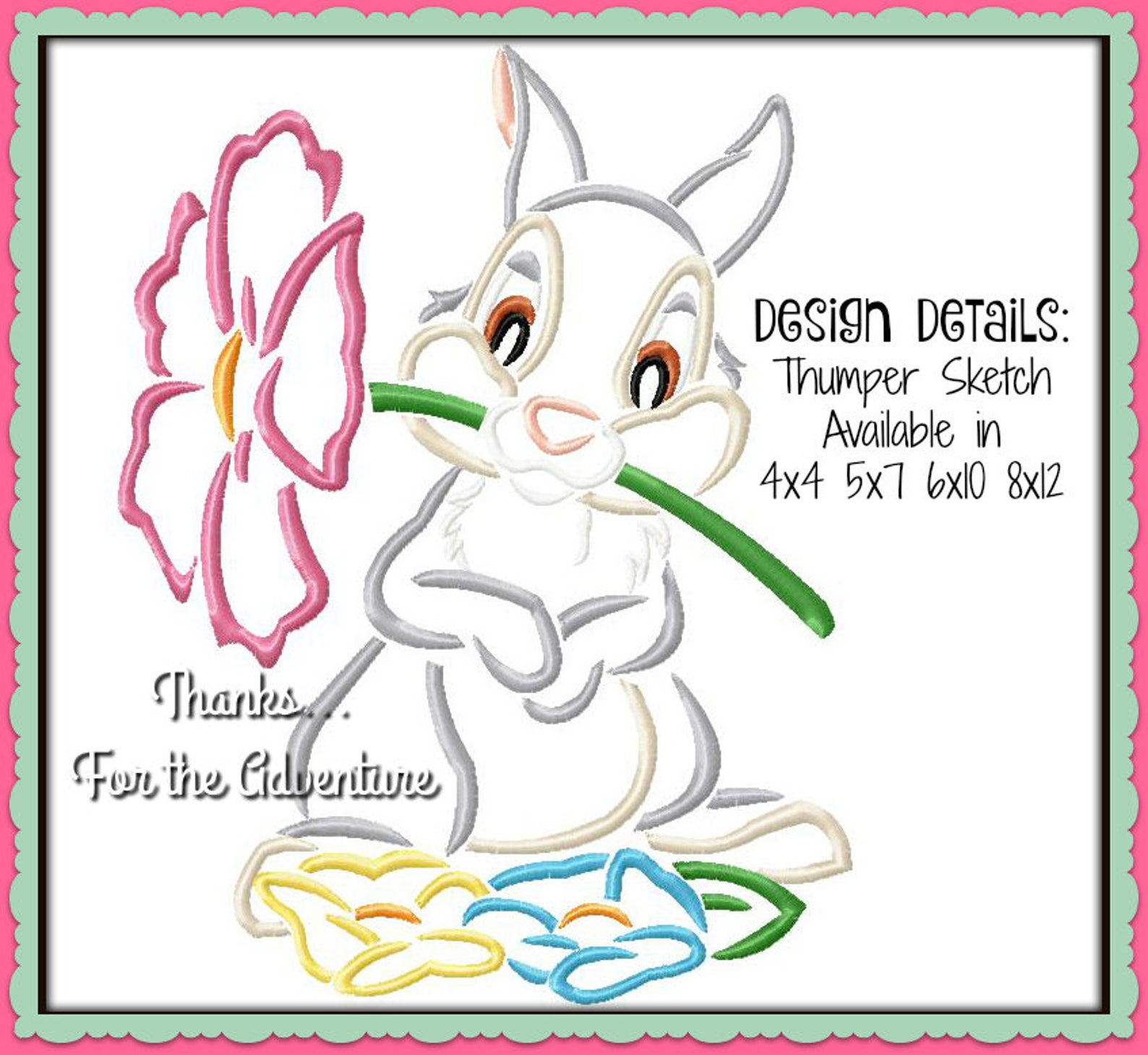 Thumper With Flowers From Bambi Digital Embroidery Machine Sketch ...