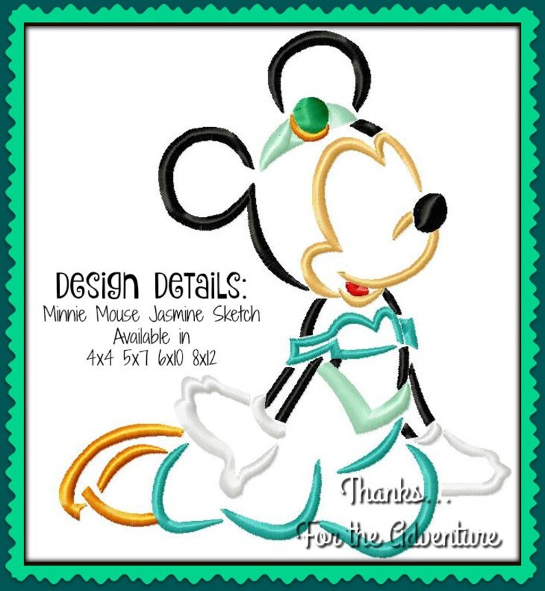 Princess Jasmine Minnie Mouse From Aladdin Sketch Digital Embroidery ...
