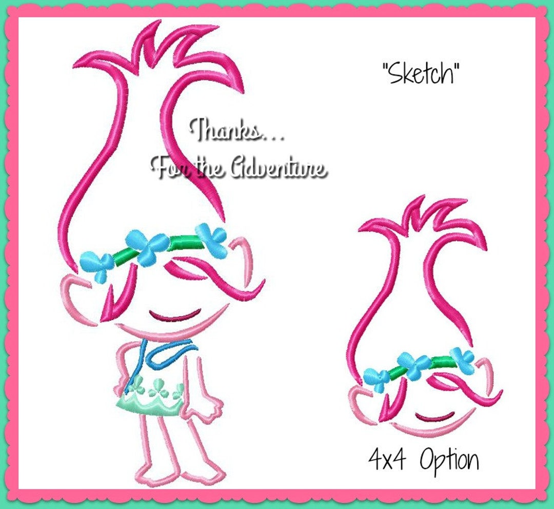 Little Pink Poppy Troll With Big Pink Hair Sketch Digital Embroidery ...