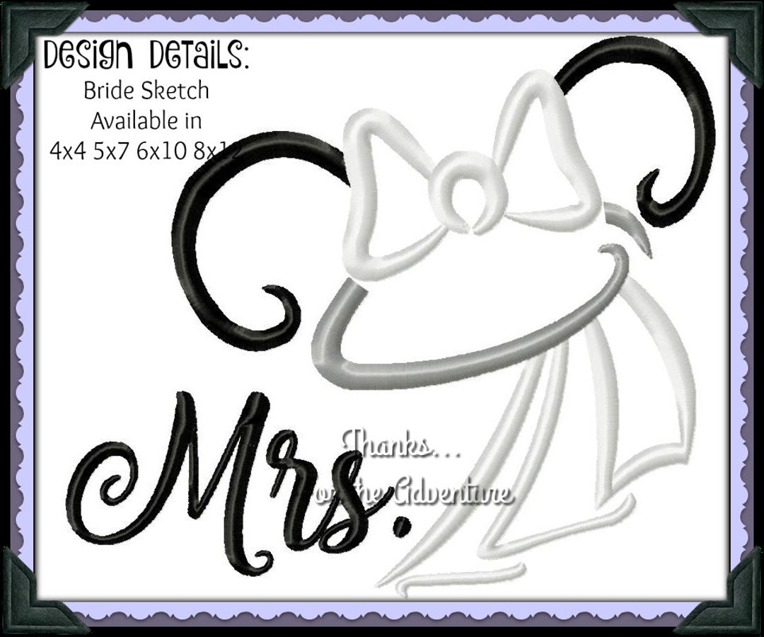 Wedding Bride Groom Mrs. Minnie Mouse Sketch Digital Embroidery Machine ...