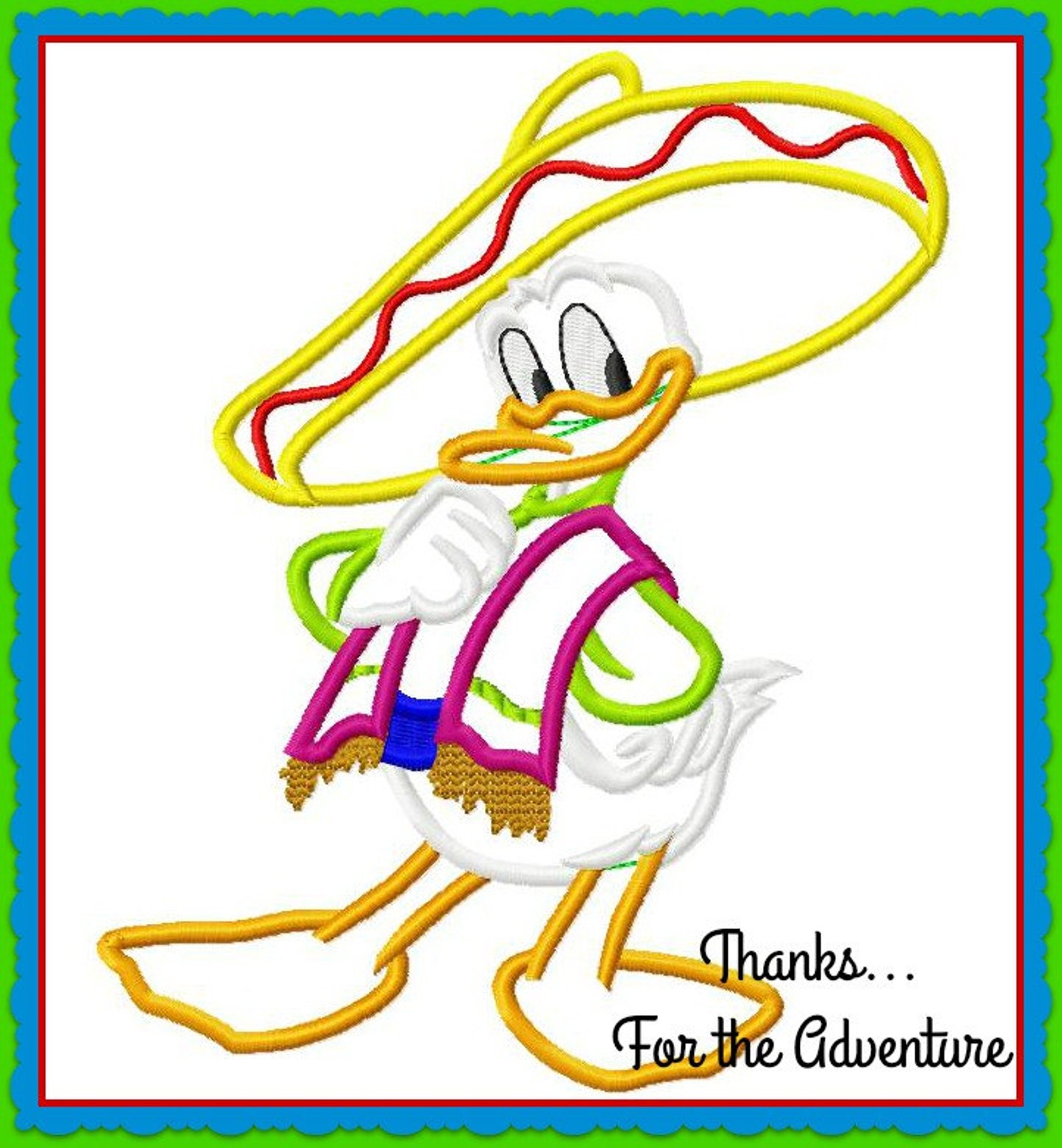 Mexican Fiesta Donald Duck in a Sombrero Applique Digital Embroidery ...