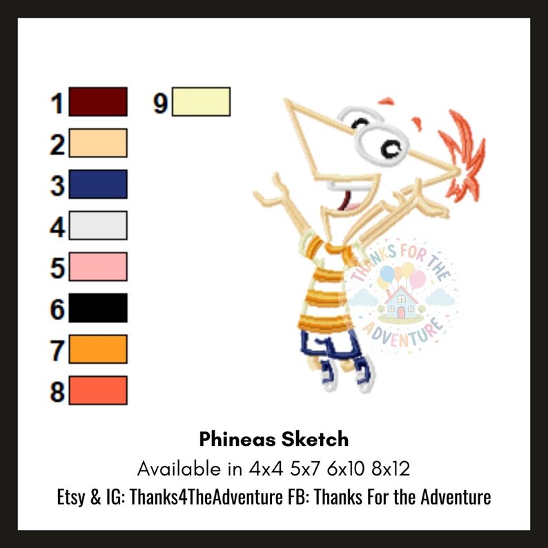 Phineas From Phineas and Ferb Sketch Digital Embroidery Machine Design ...