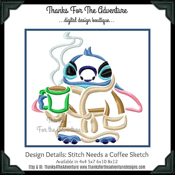 Sketch Good Morning Sleepy Stitch Needs a Coffee Digital | Etsy