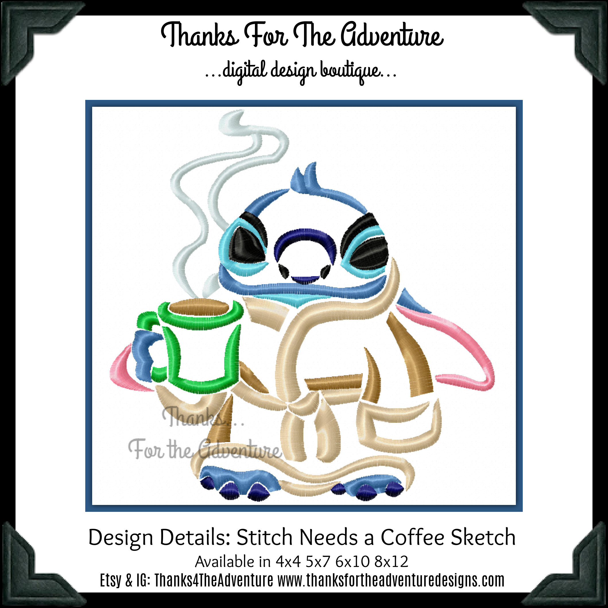 Sketch Good Morning Sleepy Stitch Needs a Coffee Digital - Etsy