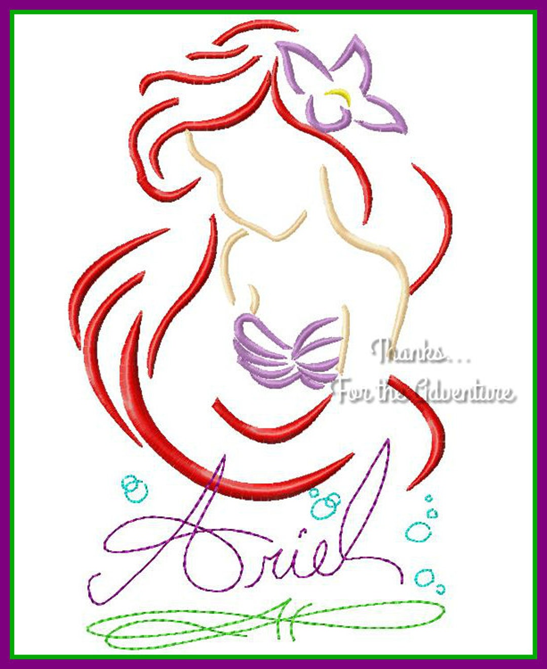 Ariel From the Little Mermaid Sketch Autograph Combo Digital Embroidery ...