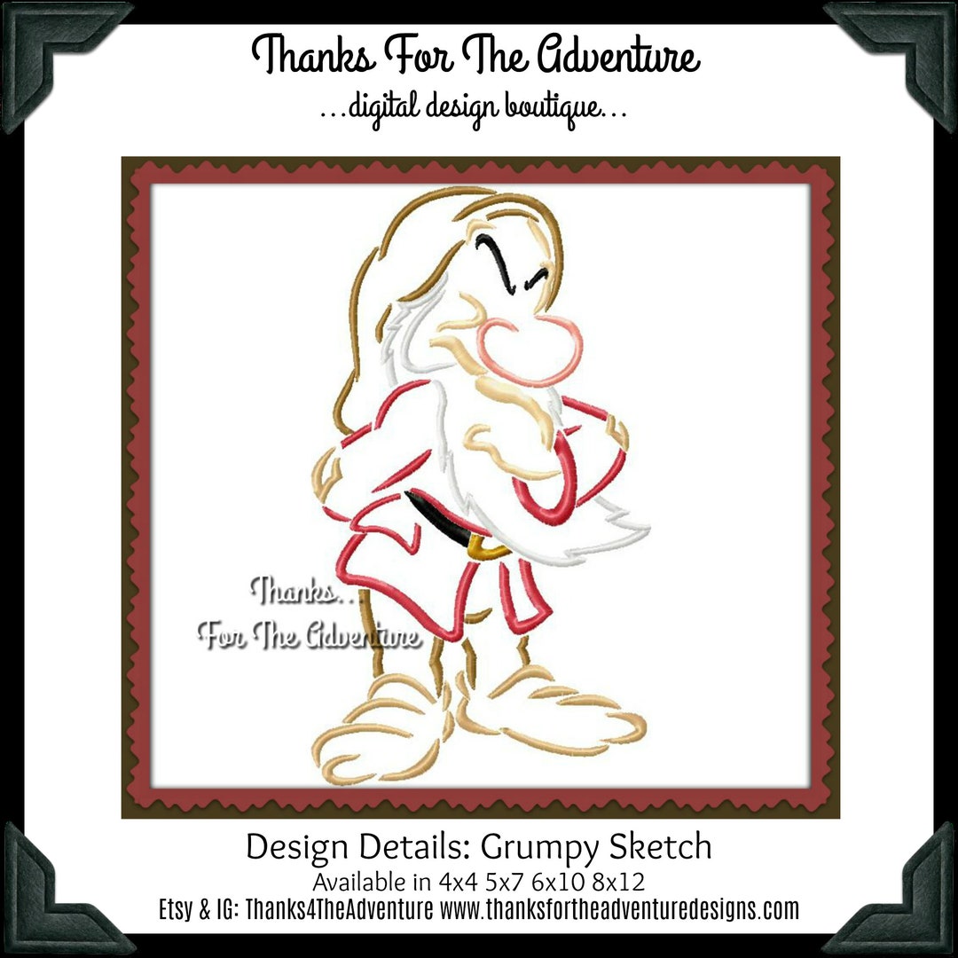 Grumpy From Snow White and the Seven Dwarfs Sketch Digital Embroidery ...