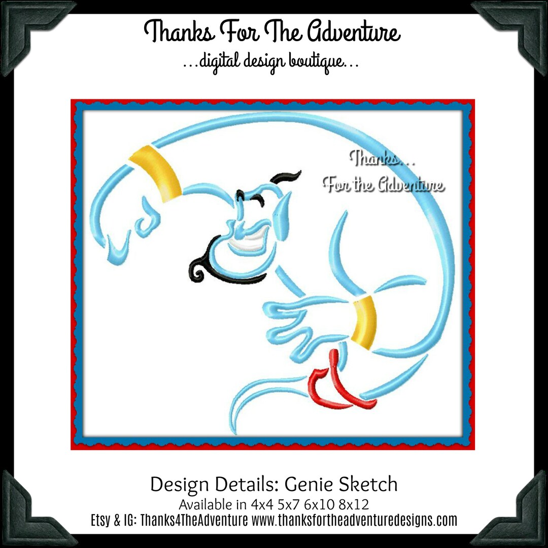 Genie From Aladdin Sketch Digital Embroidery Machine Design File 4x4 ...