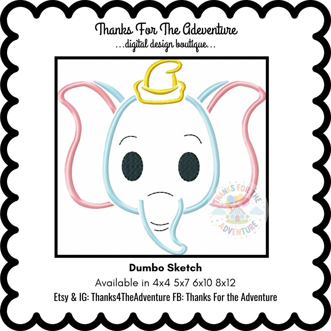 Dumbo the Flying Elephant Sketch Digital Embroidery Machine Design 4x4 ...