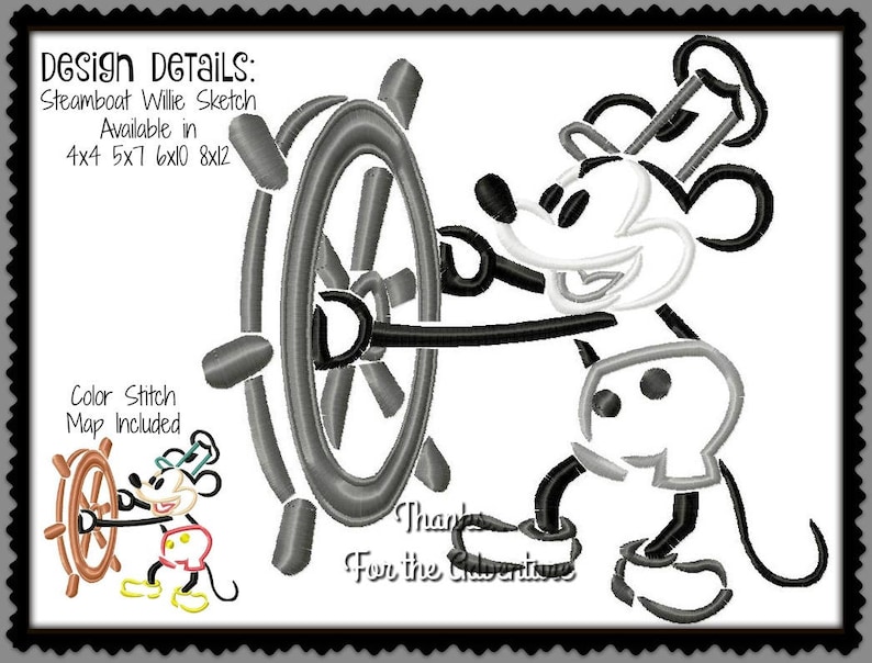 Steamboat Willie Mickey Mouse Sketch Digital Embroidery - Etsy
