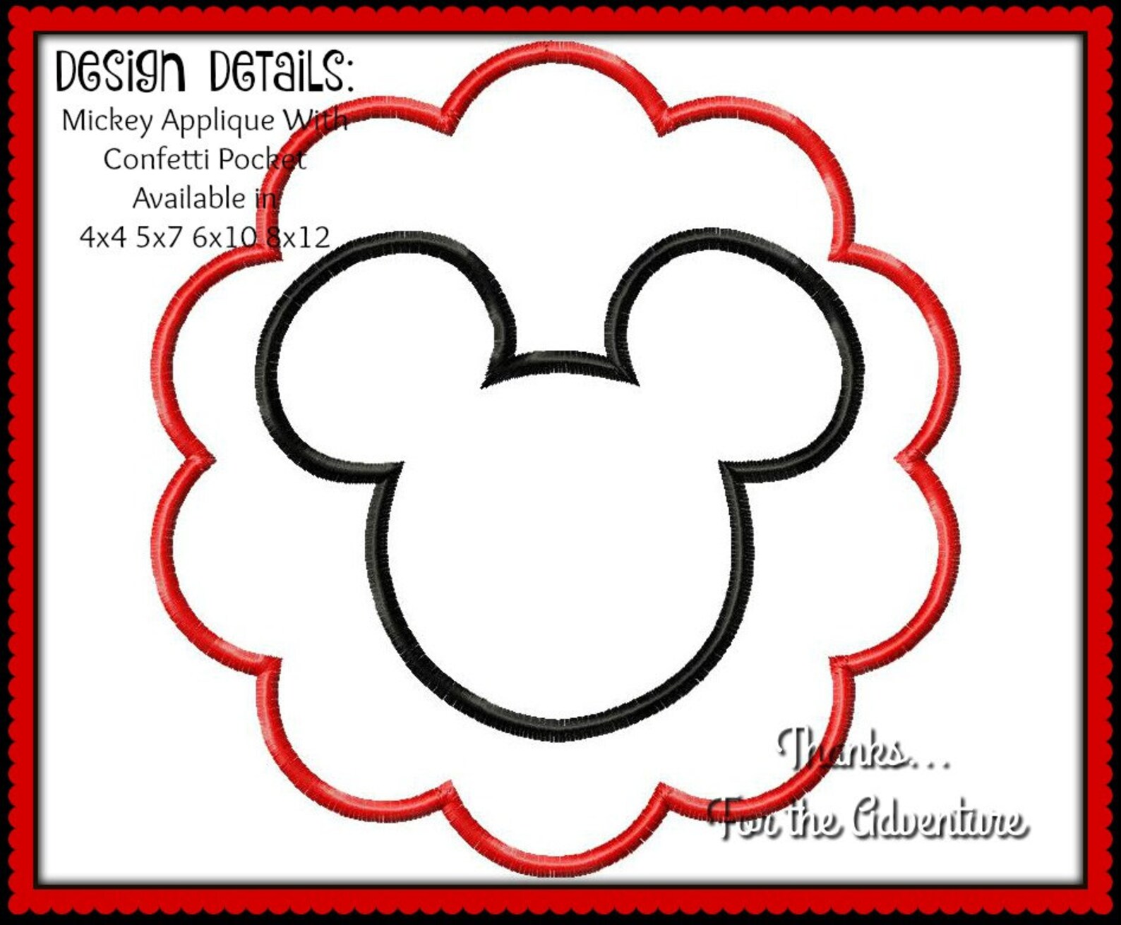 Scalloped Mickey Mouse Applique With Confetti Pocket Digital Embroidery ...