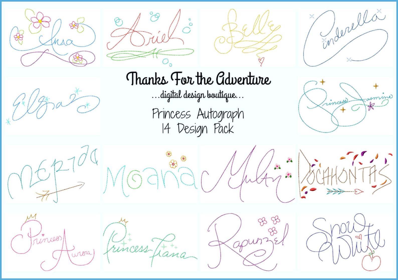 14 Princess Autograph Design Pack Digital Embroidery Machine Files ...