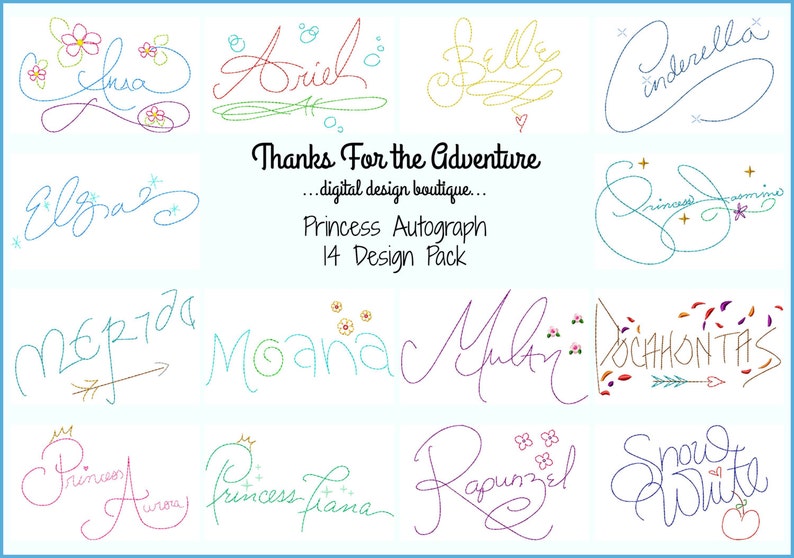 14 Princess Autograph Design Pack Digital Embroidery Machine - Etsy