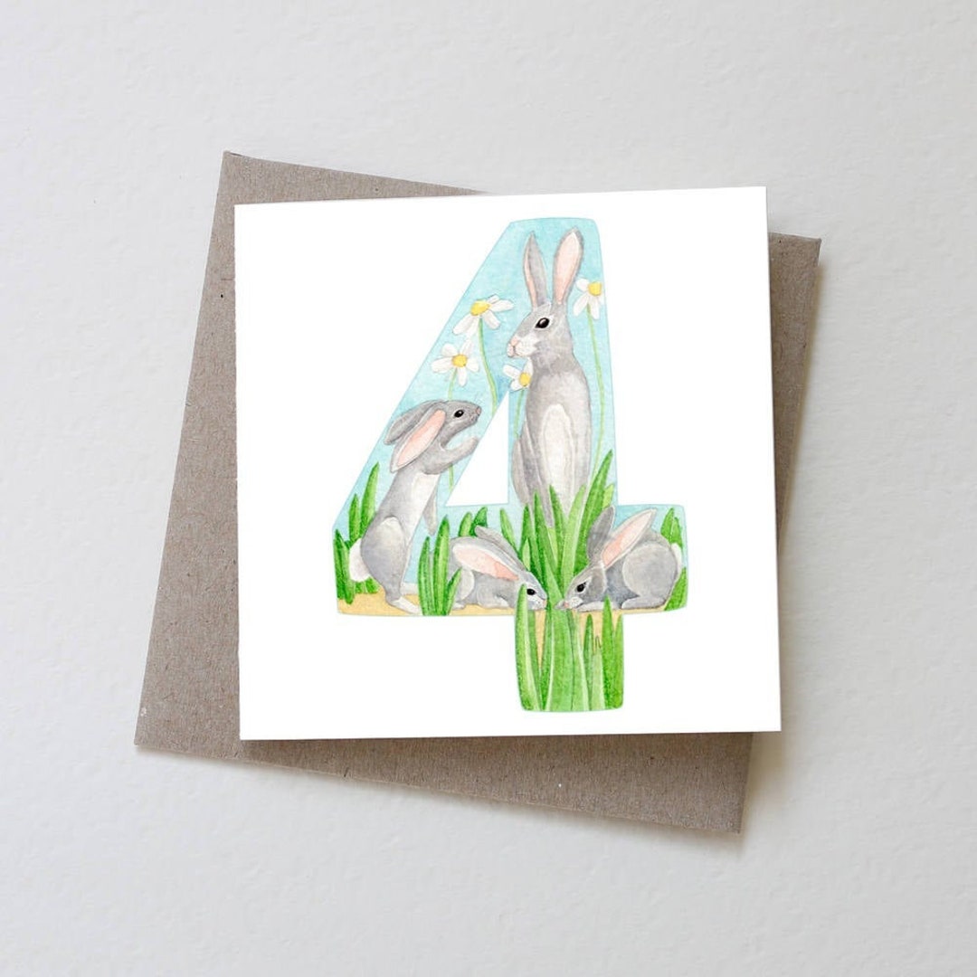Fourth Birthday Card // Four Rabbits, Number 4, 4th Birthday, Number 4 ...