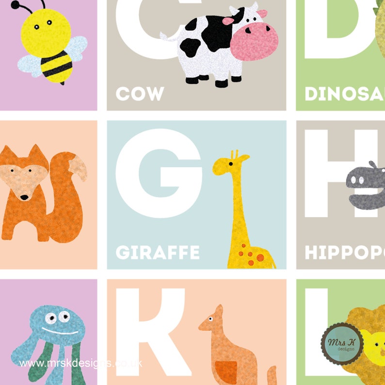 Lámina imprimible del alfabeto de animales para guardería: Arte mural ...